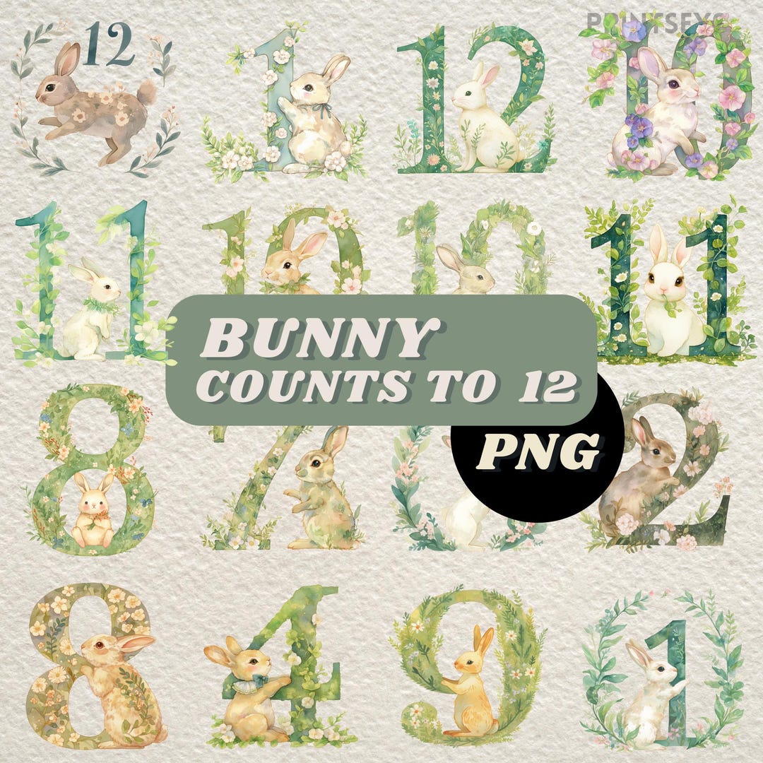 Cute Vintage Bunnies Count to 12 Digital Sticker, Birthday Animals Png ...
