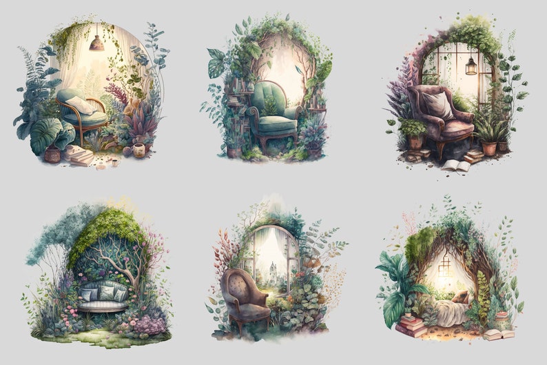 Watercolour Overgrown Bookworm Cozy Reading Corner Clipart - Etsy