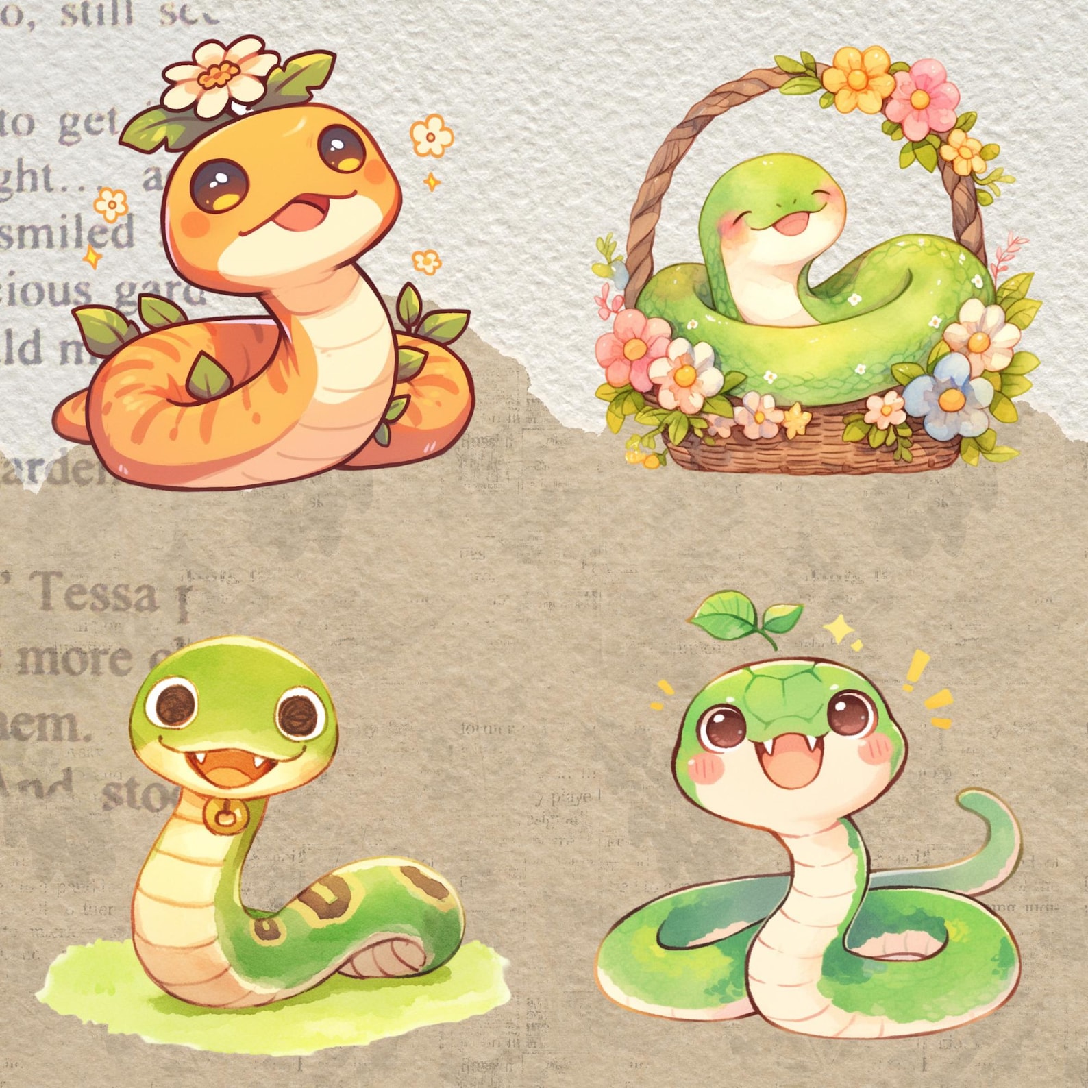 Cute Kawaii Snakes Digital Stickers, Baby Snake Png, Snake Png, Safari ...
