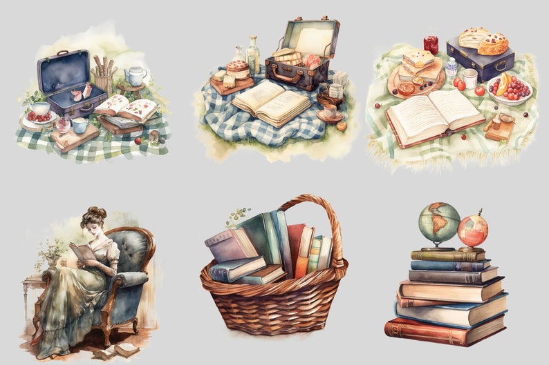 Watercolour Victorian Reding Clipart Bundle Vintage Books - Etsy