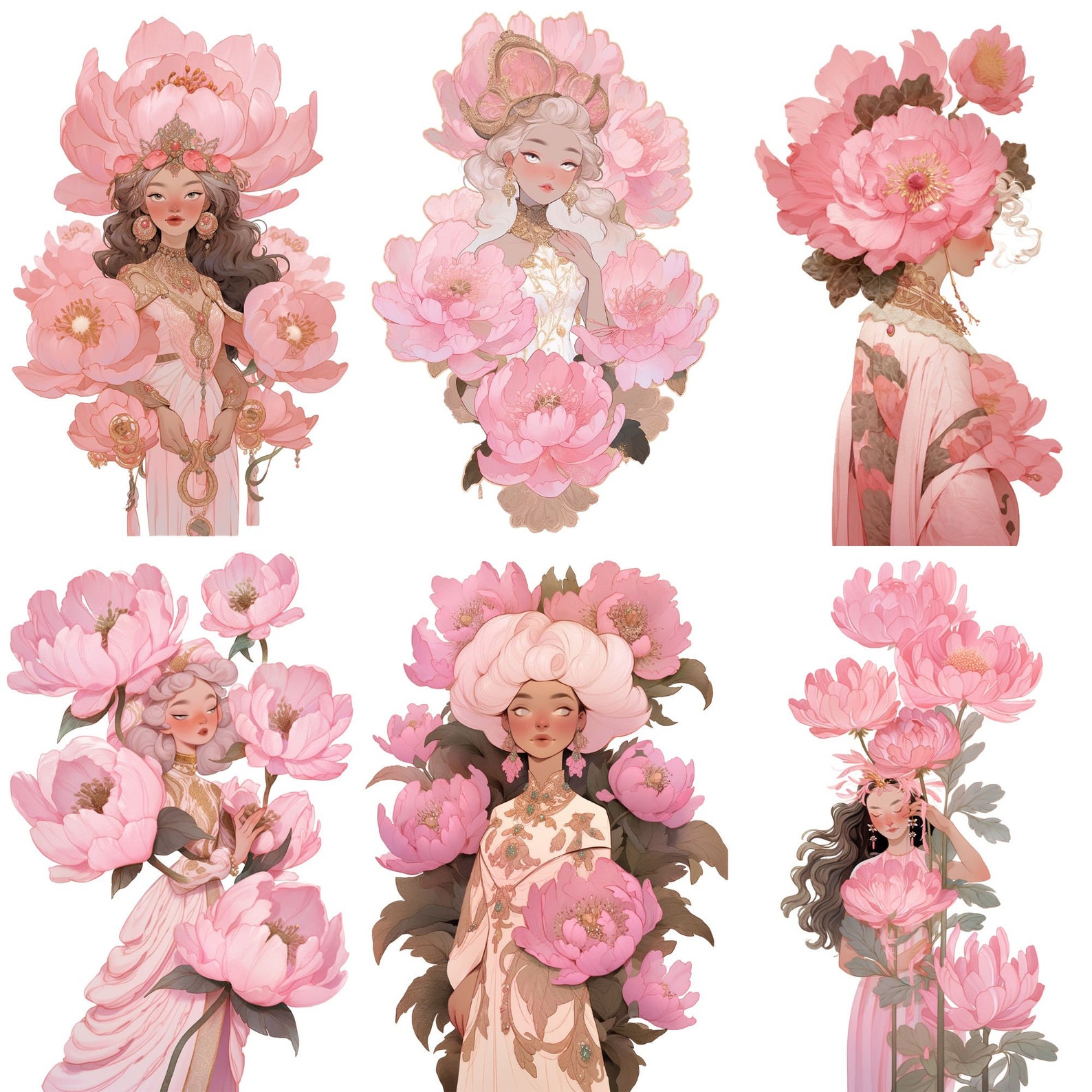 Stunning Peony and Gold Princess Clipart Bundle, Royalcore Png, Peonies ...