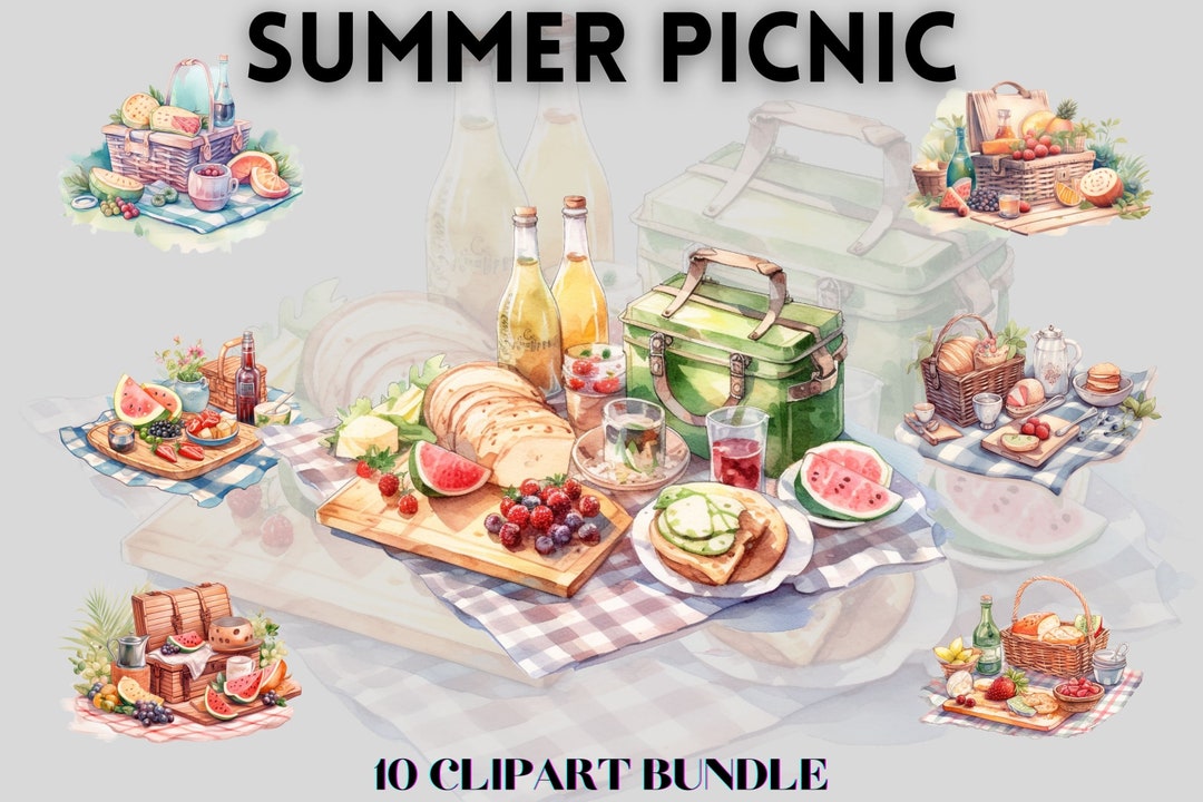 Watercolour Summer Picnic Clipart Bundle , Summer Vibes, Summer Clipart ...