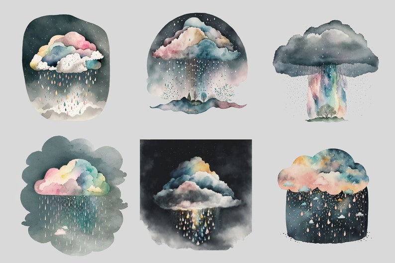 Watercolour Rain Cloud Clipart Bundle, Rainy Days, Thunderstorm, Pastel ...