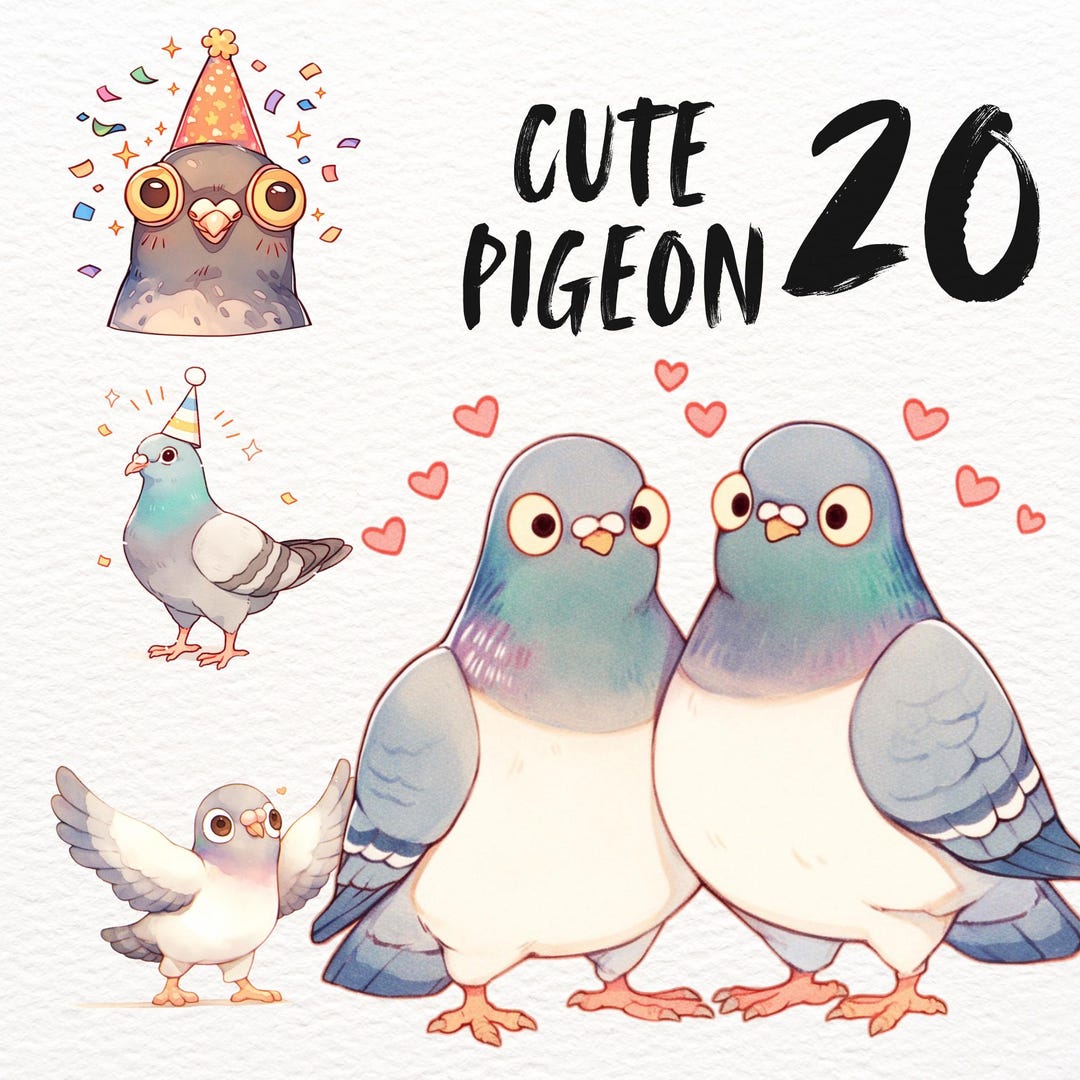 Cute Pigeon Party Watercolor Clipart Set Nursery Birds Digital Stickers ...