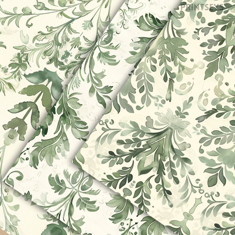 White and Green Damask Digital Paper, Vintage Textured Paper, Scrapbook ...