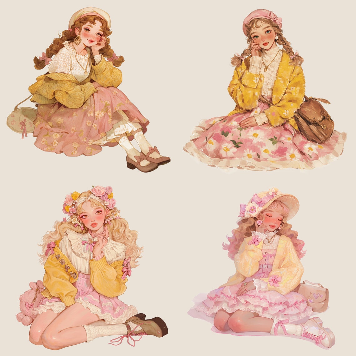 Cottagecore Pink & Yellow Girl Digital Stickers, Summer Aesthetic ...
