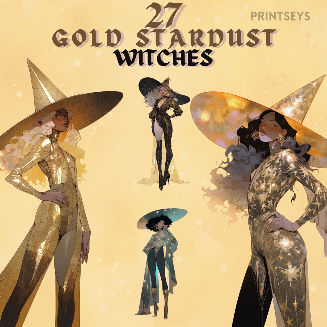 Stunning Gold Stardust Witch Clipart Bundle, Femme Fatale Png, Dark ...