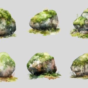 Watercolour Mossy Rock Clipart Bundle, Rock Clipart, Woods, Nature ...