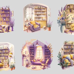 Watercolour Lilac & Yellow Bookworm Cozy Reading Corner Clipart Bundle ...