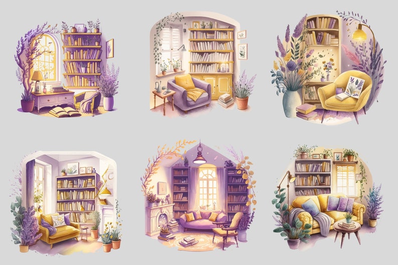 Watercolour Lilac & Yellow Bookworm Cozy Reading Corner - Etsy