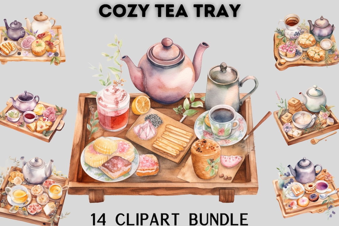 Watercolour Cozy Tea Time Tray Clipart Bundle, Breakfast Tray, Snacks ...