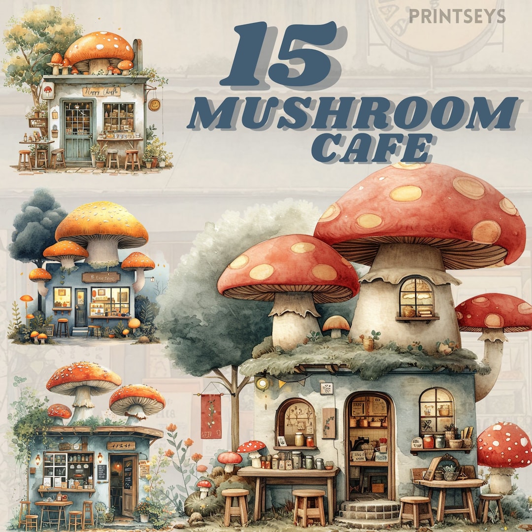 Watercolour Mushroom Cafe Clipart Bundle, Vintage Shop, Cozy Cafe ...