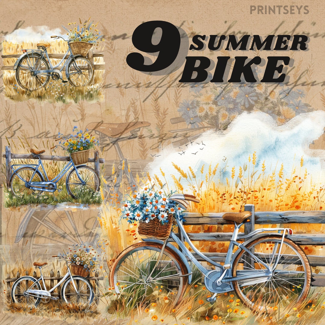Watercolour Cozy Summer Bike Digital Stickers, Clipart Bundle, Bike and ...