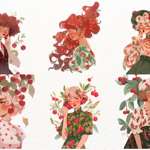 Vintage Cherry Girl Clipart Bundle, Berry Png, Retro Clipart, Folk Art ...