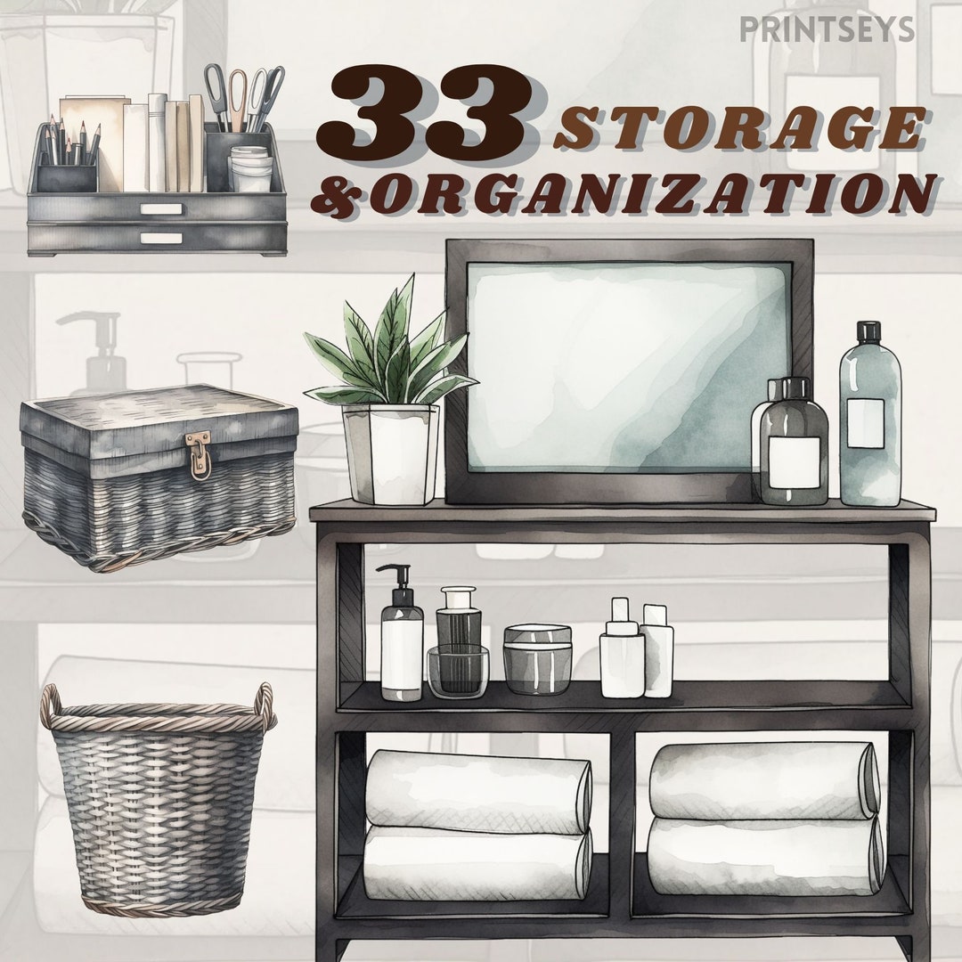 Watercolour Storage and Organization Clipart Bundle, Baskets,boxes and ...
