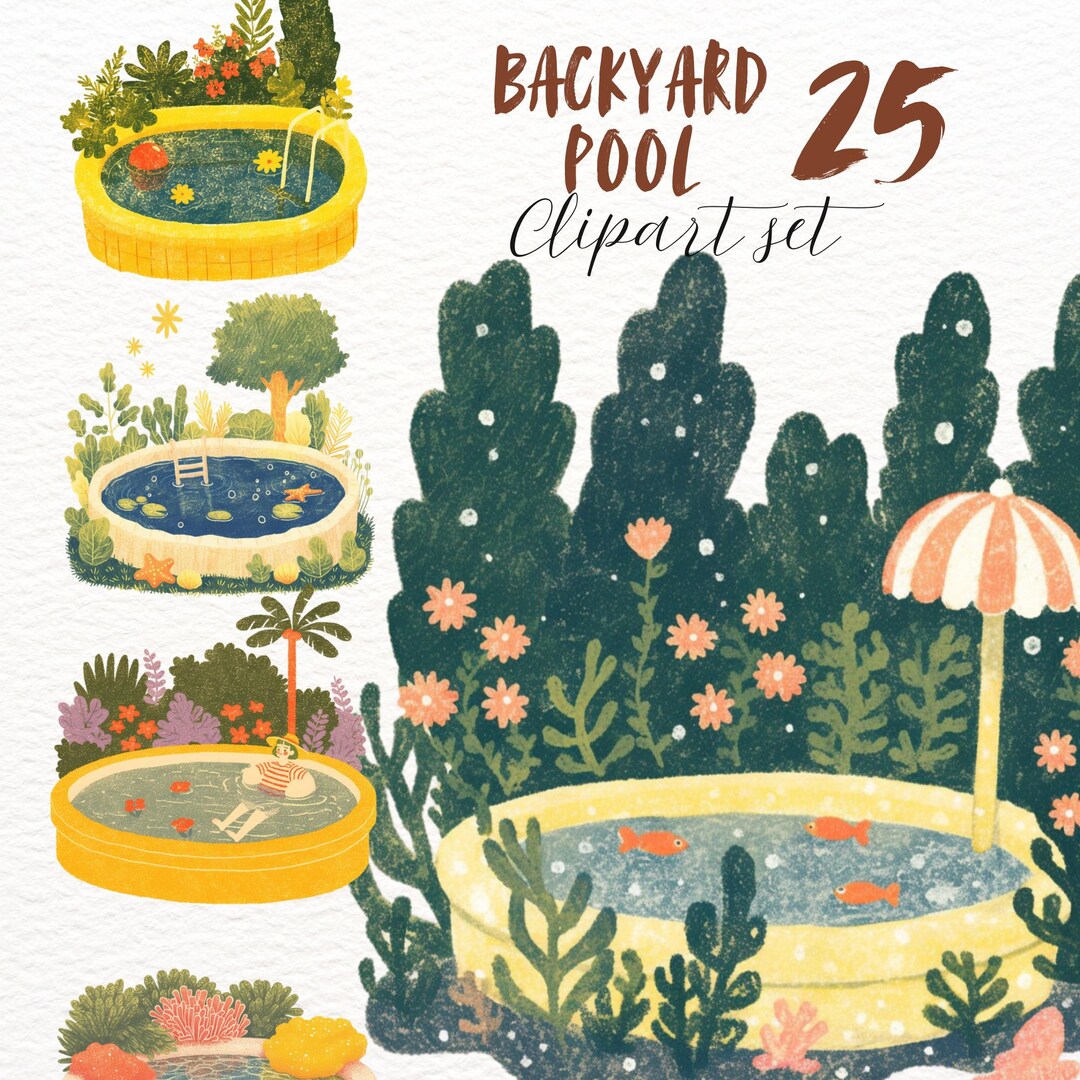 Vintage Backyard Pool Clipart Set, Goodnotes Bookish Sticker Bundle ...