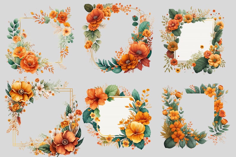 Watercolour Orange Flower Frames Clipart Bundle Italy - Etsy