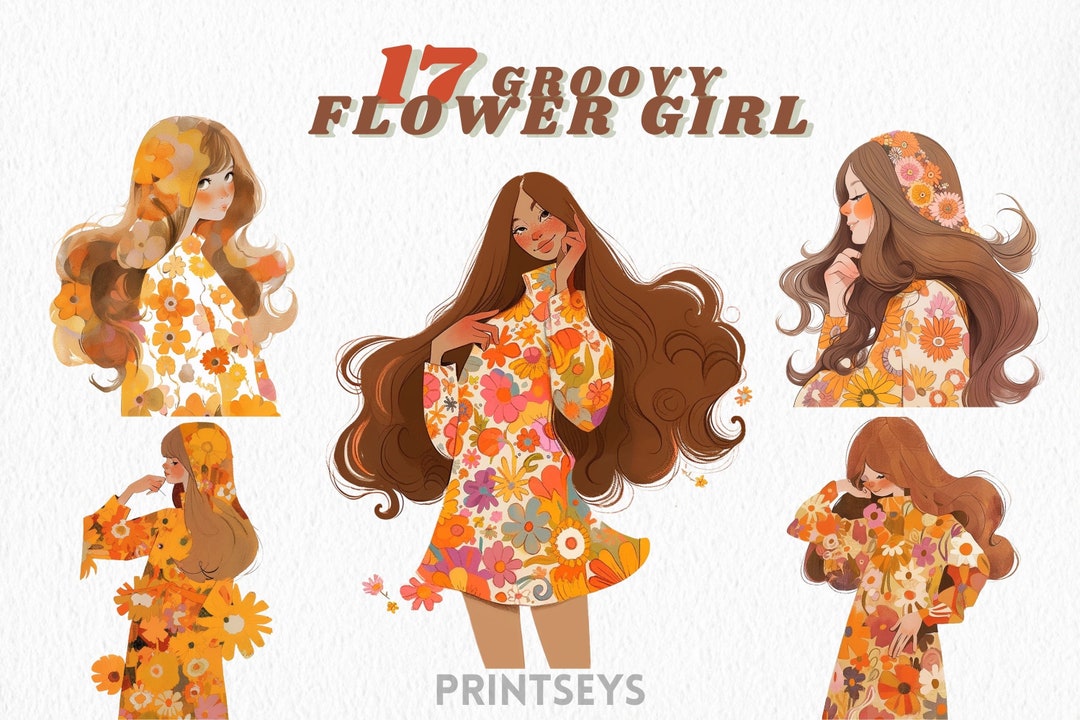 60s Hippie Blumen Mädchen Clipart Bundle, gelbe Cliparts, floral png ...