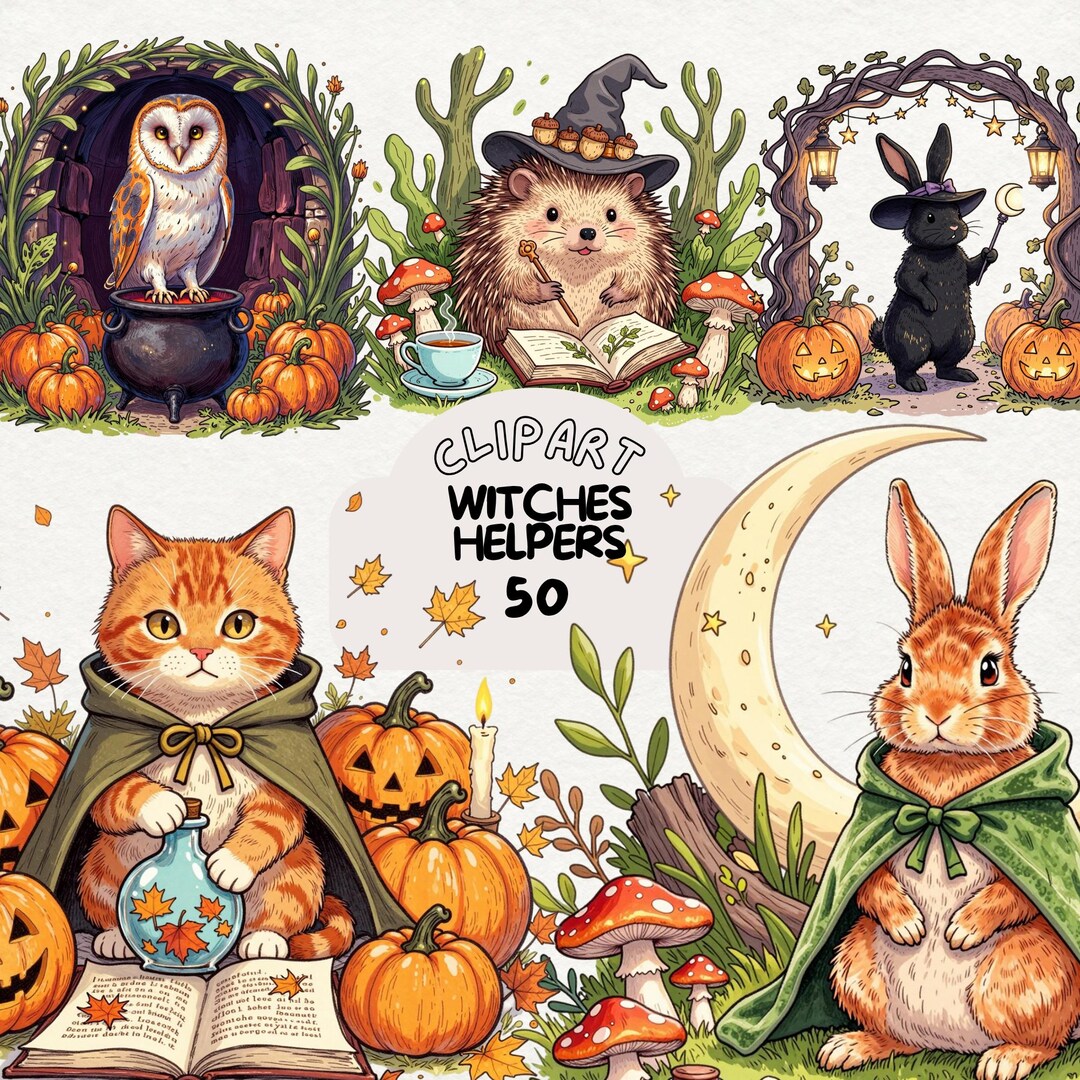 Witches Helpers Animals Birds Clipart Bundle Rustic Occult Quartz ...