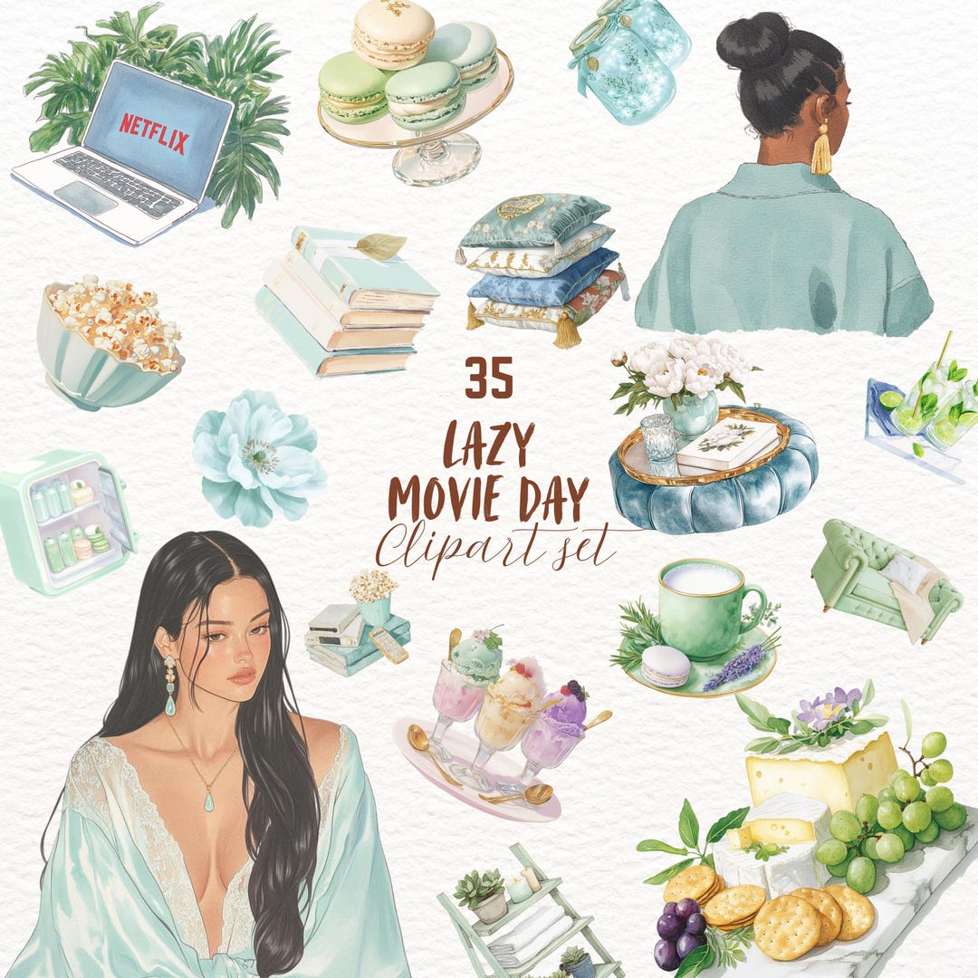 Lazy Movie Day Clipart Bundle Lazy Day Sticker Set Self Care Goodnote Stickers Transparent Png ...