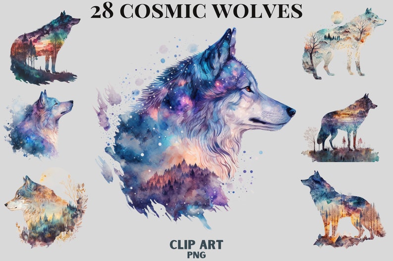 Watercolour Style Cosmic Wolves Clipart Bundle Celestial - Etsy