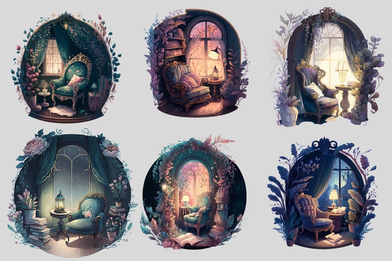 Watercolour Bookworm Cozy Rococo Reading Corner Clipart - Etsy