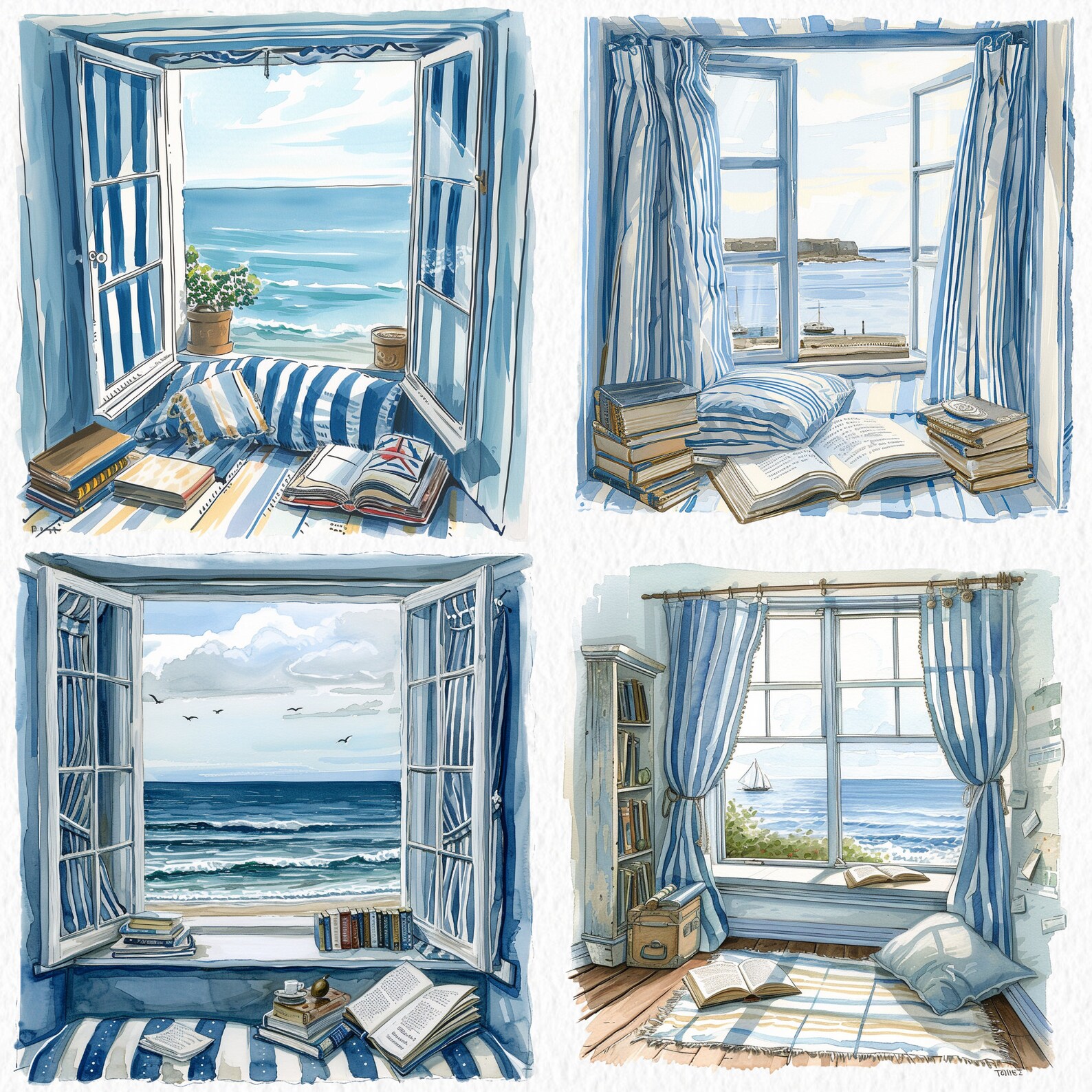 Watercolour Cozy Seaside Reading Nook by the Window, Clipart Bundle ...