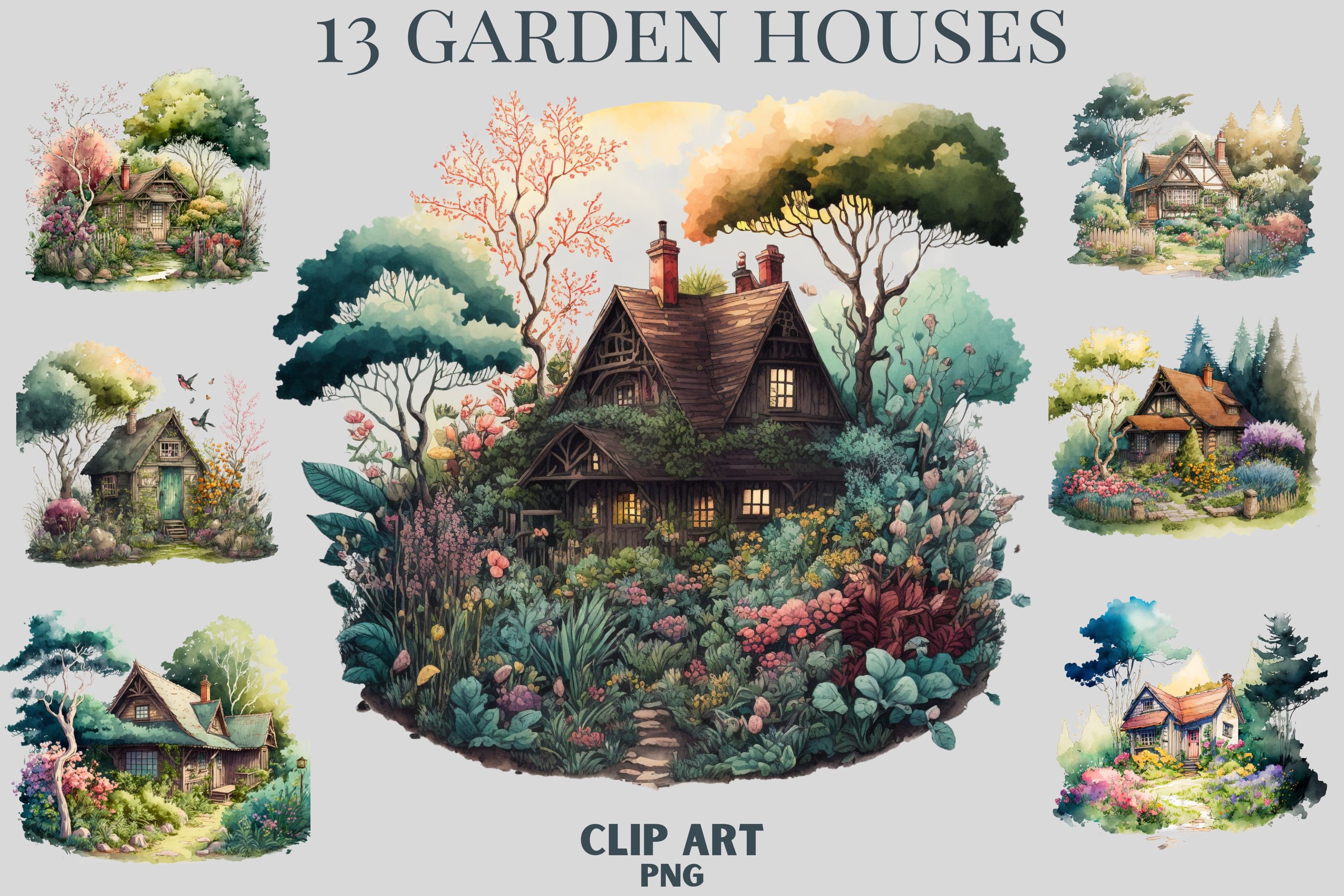 Watercolour Magical Garden House Clipart Bundle Cabin Png - Etsy