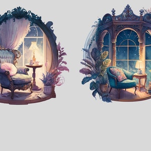 Watercolour Bookworm Cozy Rococo Reading Corner Clipart Bundle ...