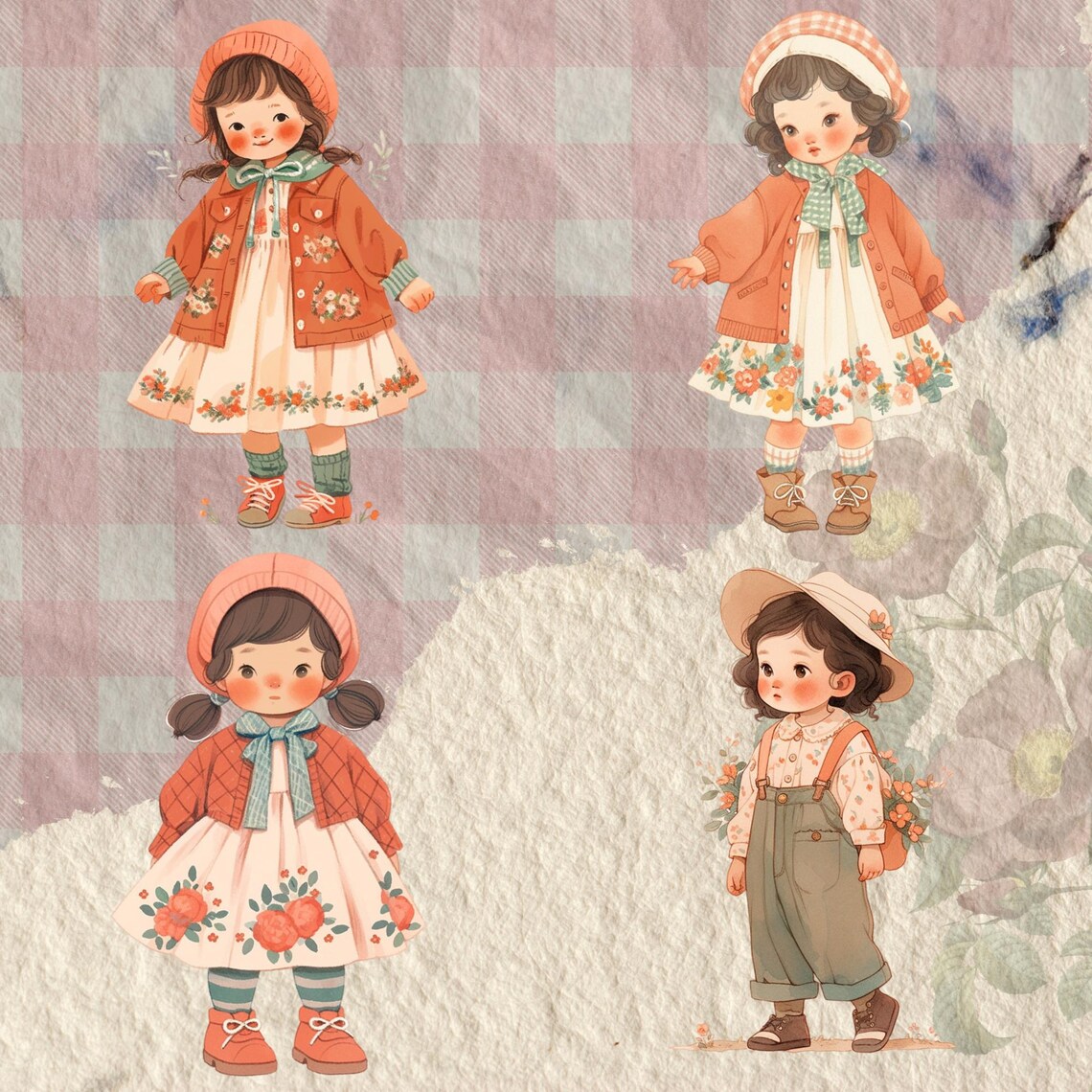 Cute Cottagecore Toddler Kid Fashion Outfit Clipart Bundle, Vintage ...