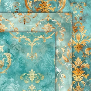 Blue and Gold Damask Digital Paper, Vintage Textured Paper, Scrapbook ...