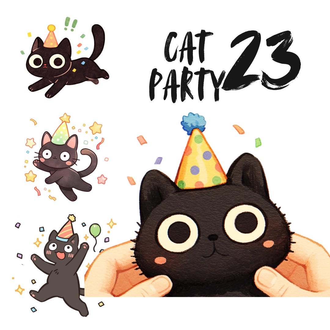 Cute Black Cat Party Watercolor Clipart Set Kitten Friends Digital ...