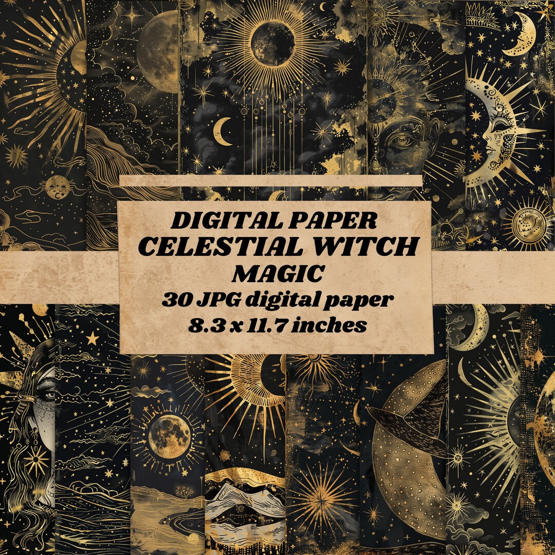 Celestial Witches Digital Paper, Dark Fantasy Vintage Background Paper ...