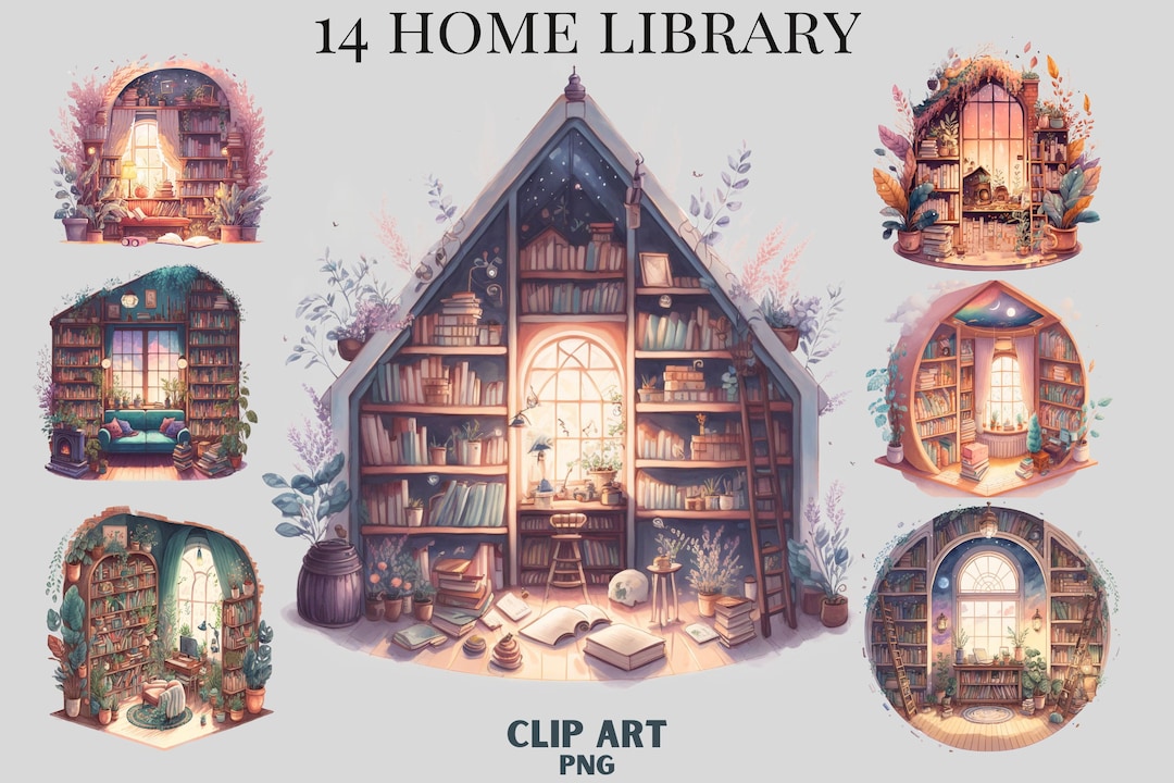 Watercolour Cozy Home Library Clipart Bundle Bookshelf - Etsy