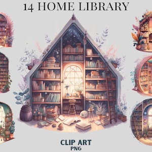 Watercolour Cozy Home Library Clipart Bundle, Bookshelf, Bookcase ...