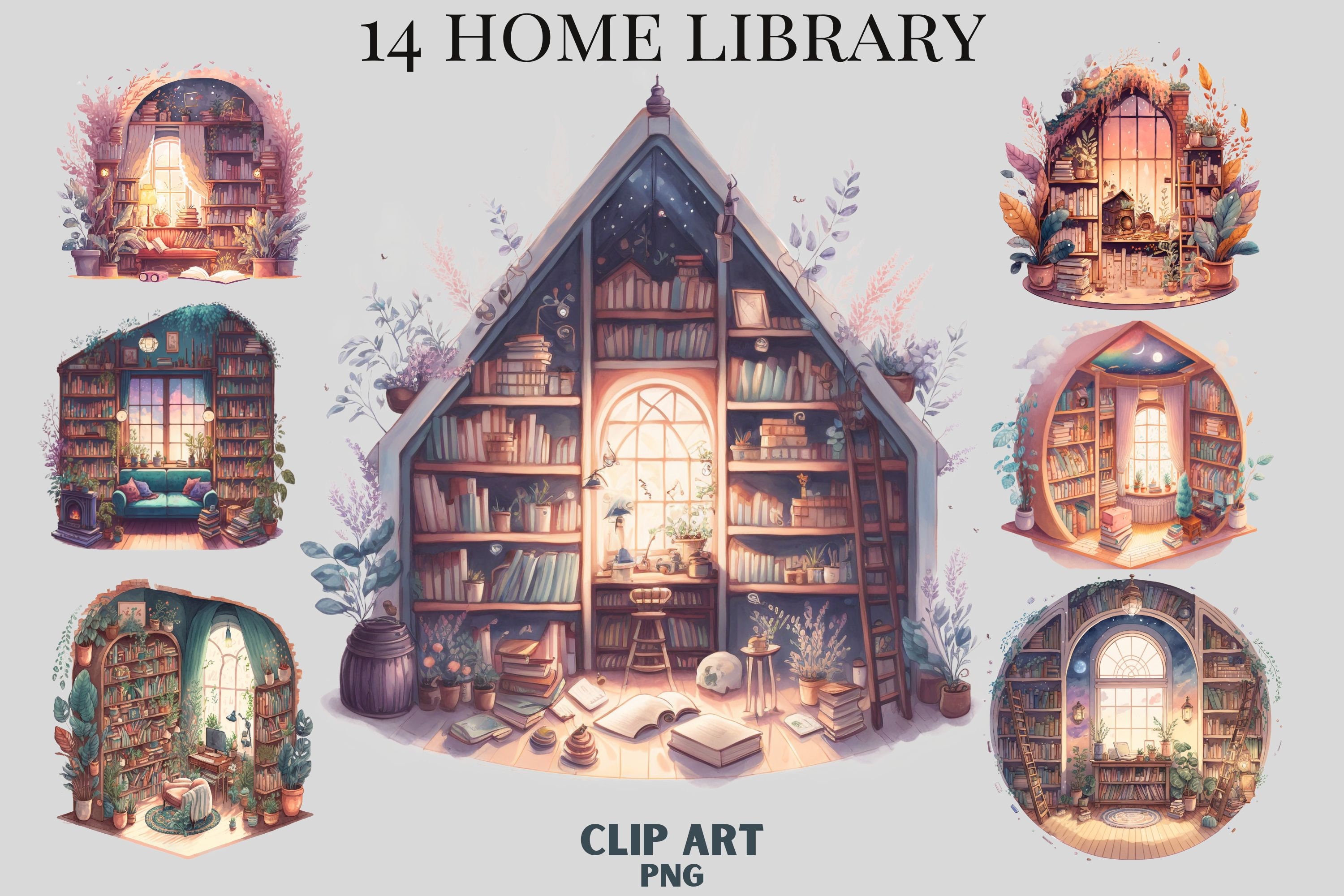 Watercolour Cozy Home Library Clipart Bundle Bookshelf - Etsy