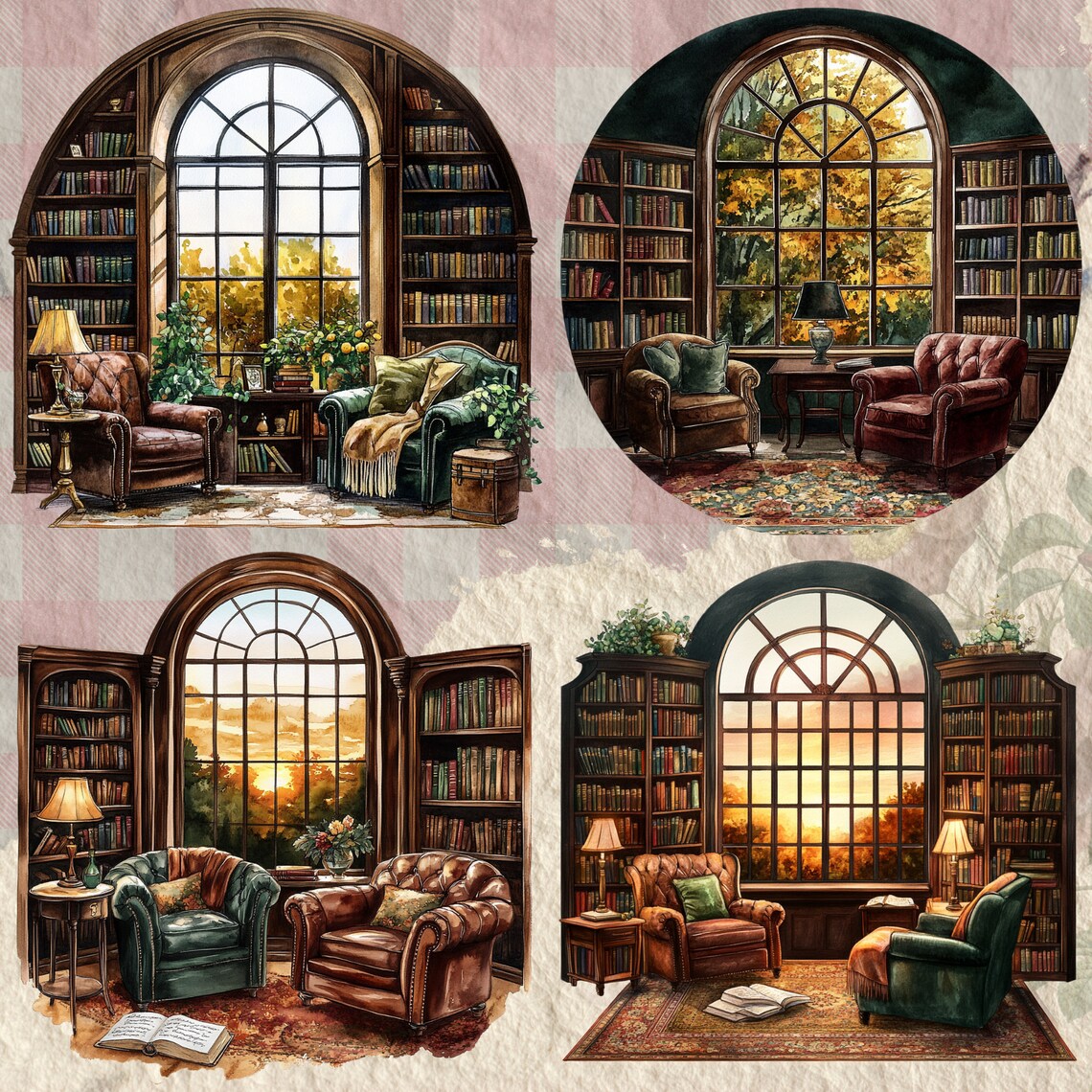 Watercolour Autumn Library Clipart Bundle, Cozy Autumn Reading Corner ...