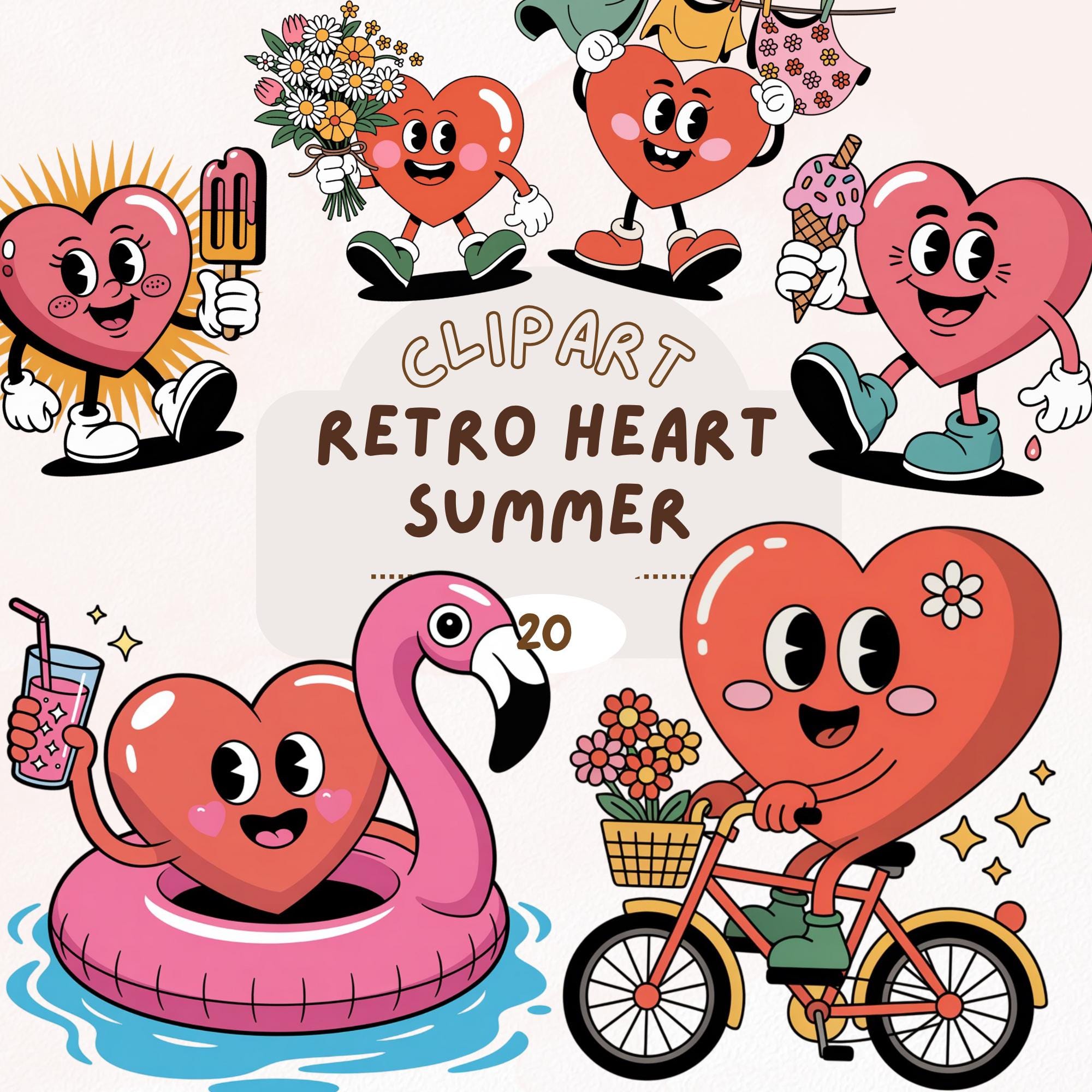 Retro Summer Hearts Digital Stickers, 2D Flat Floral Heart Clipart ...