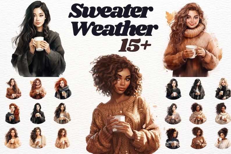 Watercolour Sweater Coffee Clipart Bundle, Cozy Sweater Weather Clipart ...
