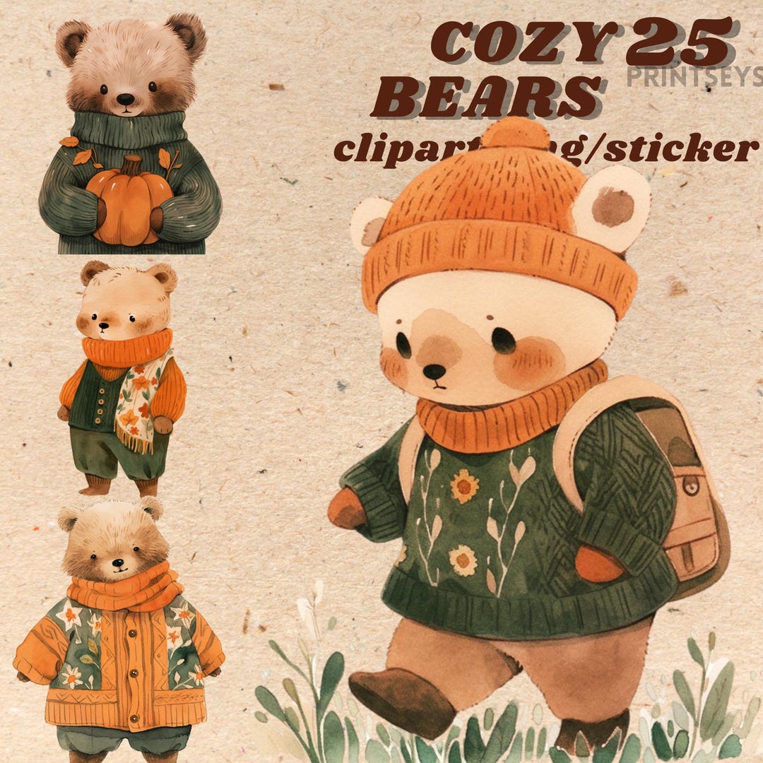 Watercolour Cozy Cold Weather Bear Clipart Bundle, Cottagecore, Cozy ...