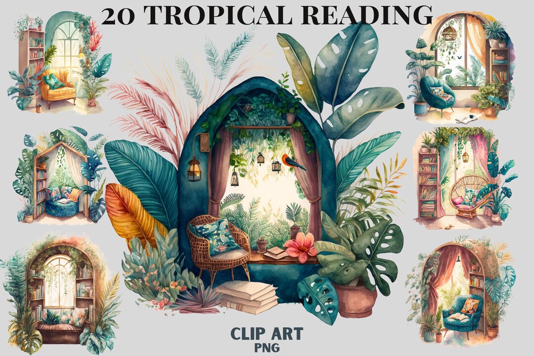 Watercolour Tropical Bookworm Cozy Reading Corner Clipart Bundle ...