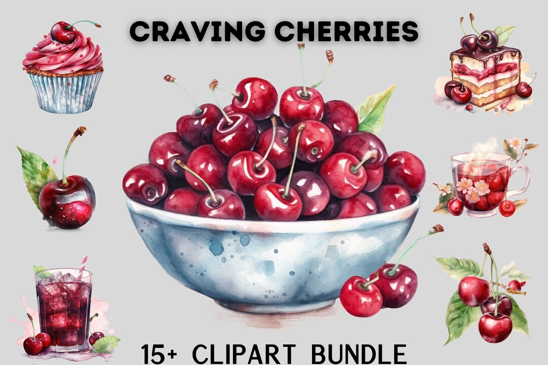 Watercolour Cherry Clipart Bundle, Berry Clipart, Cupcakes, Cherry Soda ...