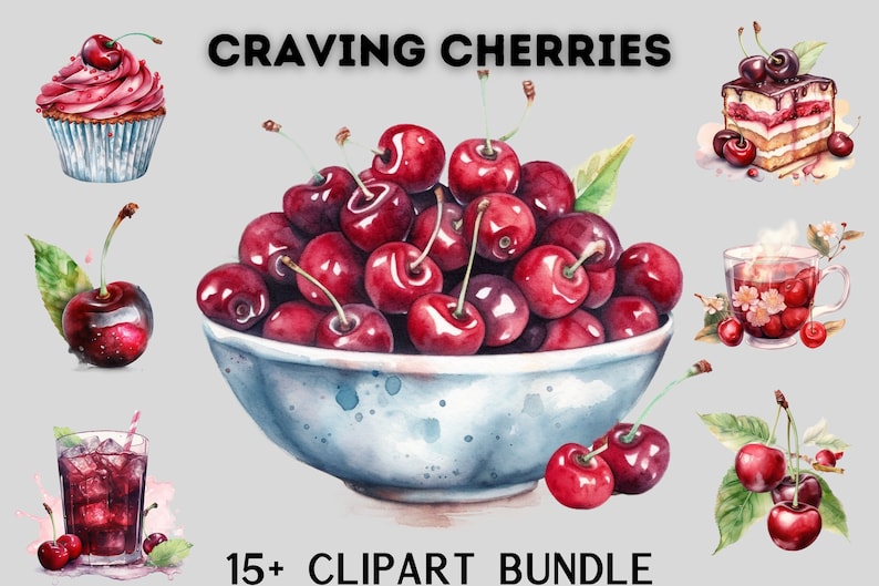 Watercolour Cherry Clipart Bundle, Berry Clipart, Cupcakes, Cherry Soda ...