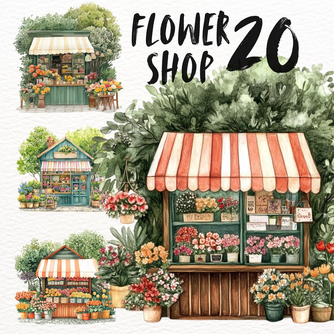 Cute Flower Shop Clipart Set, Vintage Floral PNG Stickers, Landscape ...
