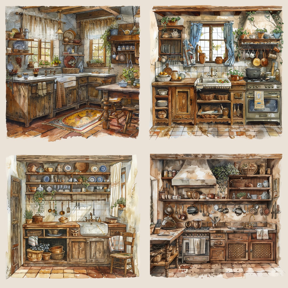 Watercolour Rustic Cozy Cottagecore Kitchen Clipart Bundle, Cozy ...