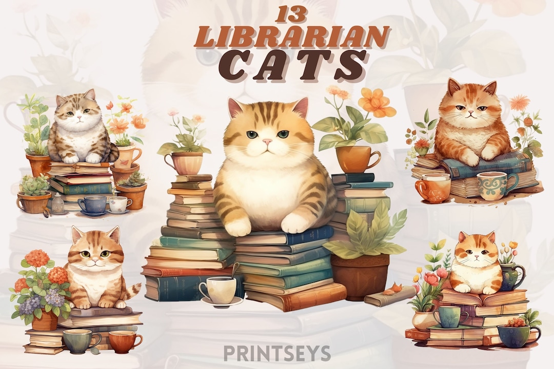 Watercolour Kawaii Cat Librarian Clipart Bundle, Cute Cats Png, Book ...