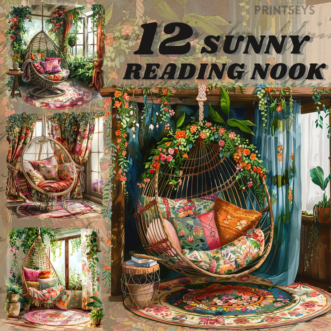 Watercolour Cozy Sunny Reading Nook by the Window, Clipart Bundle ...