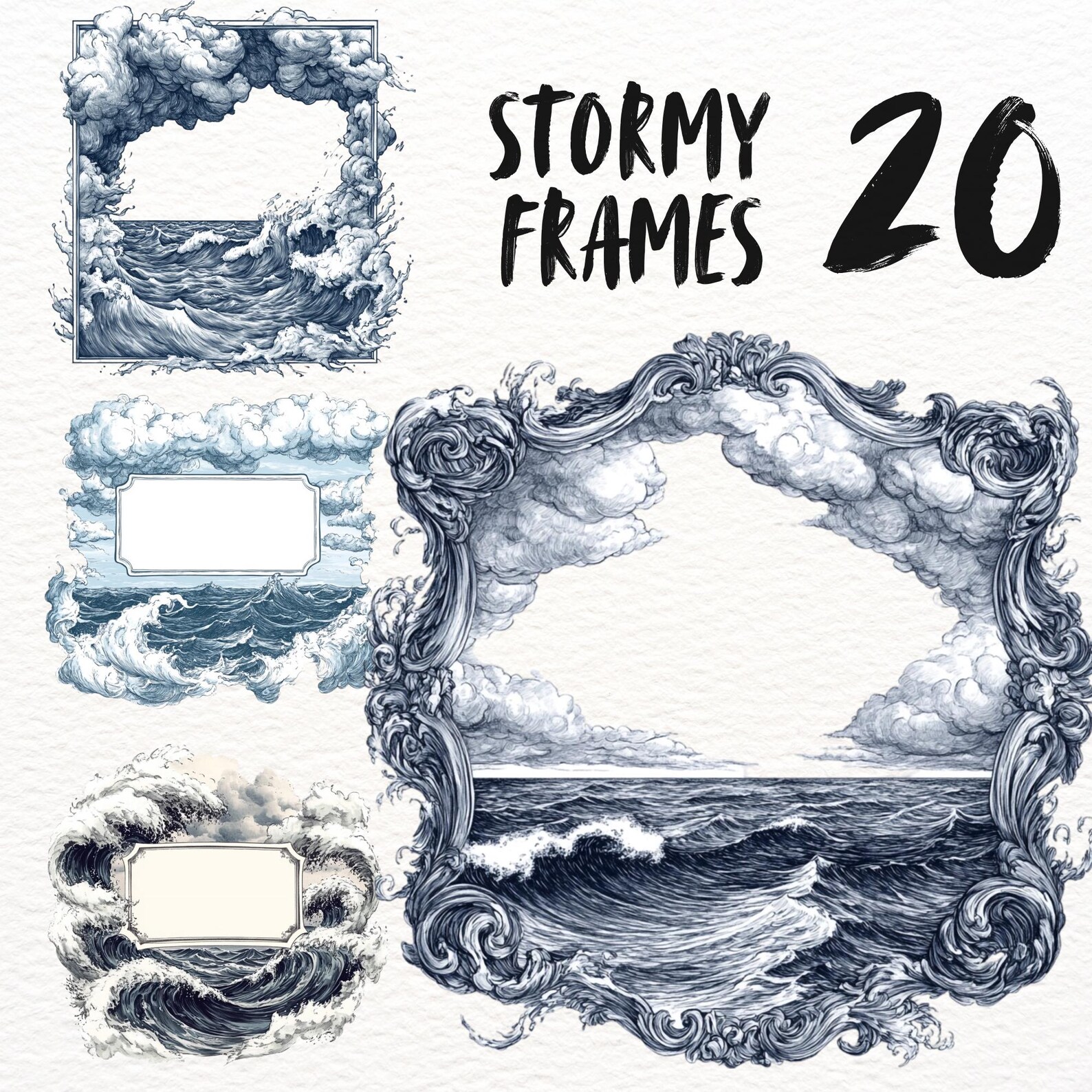 Stormy Night Seas Frame Clipart Set, Ocean Label PNG Stickers ,vintage ...