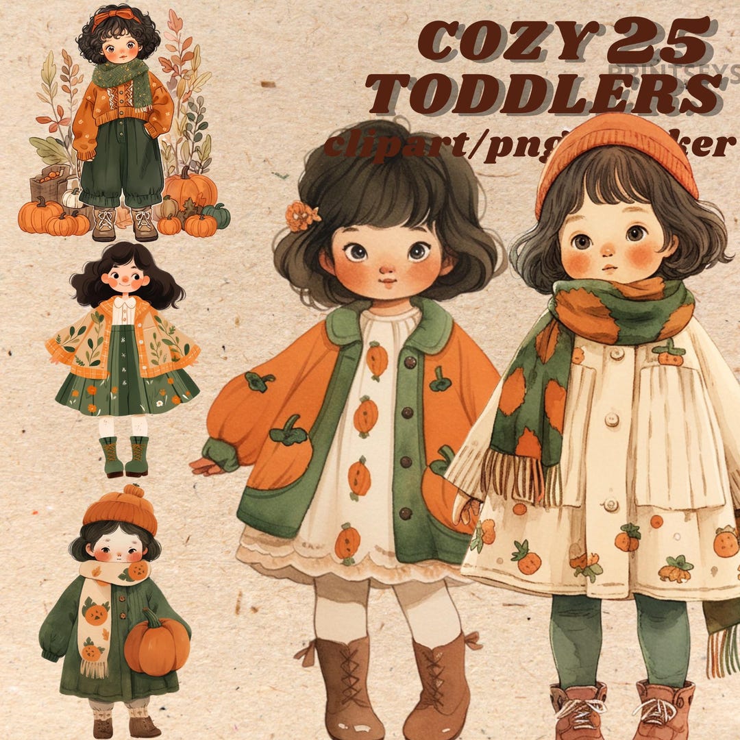 Cute Cottagecore Toddler Kid Fashion Outfit Clipart Bundle, Vintage ...