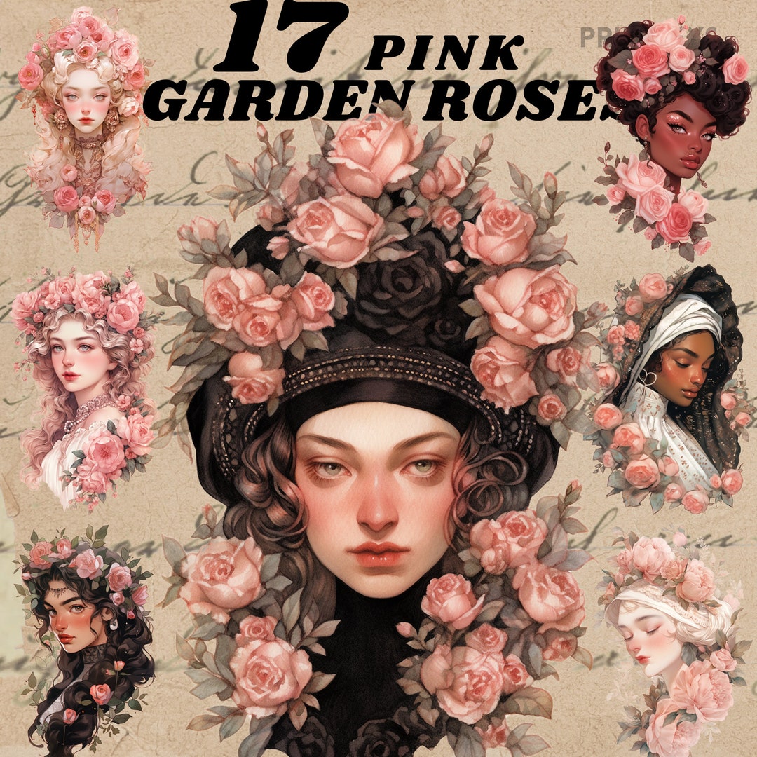 Pink Bush Rose Girl Digital Stickers, Floral Clipart Journaling, Rose ...